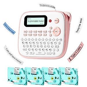 Vixic Pink Label Maker Machine with 4 Tapes, D210S Label Maker Machine, Portable Label Maker with Keyboard, QWERTY Keyboard Handheld & Easy to use, Multiple Fonts Frames for Home/Office/School