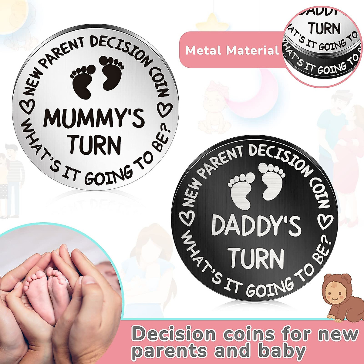 Hicarer 2 Pieces Fun New Parents Decision Coin Double Sided Decision Making Coin New Baby Pregnancy Gift for First Time Mommy Daddy Push Present for Christmas Thanksgiving Sliver and Black