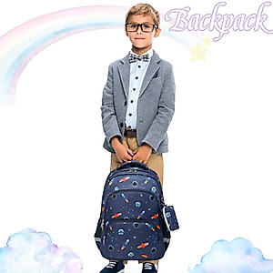 MIRLEWAIY Boys Backpack Purse Set Kids Space Rocket Printed School Bag 15.7 inch Multipocket Bookbag With Insulated Lunch Box And Coin Pouch, Dark Blue Rocket