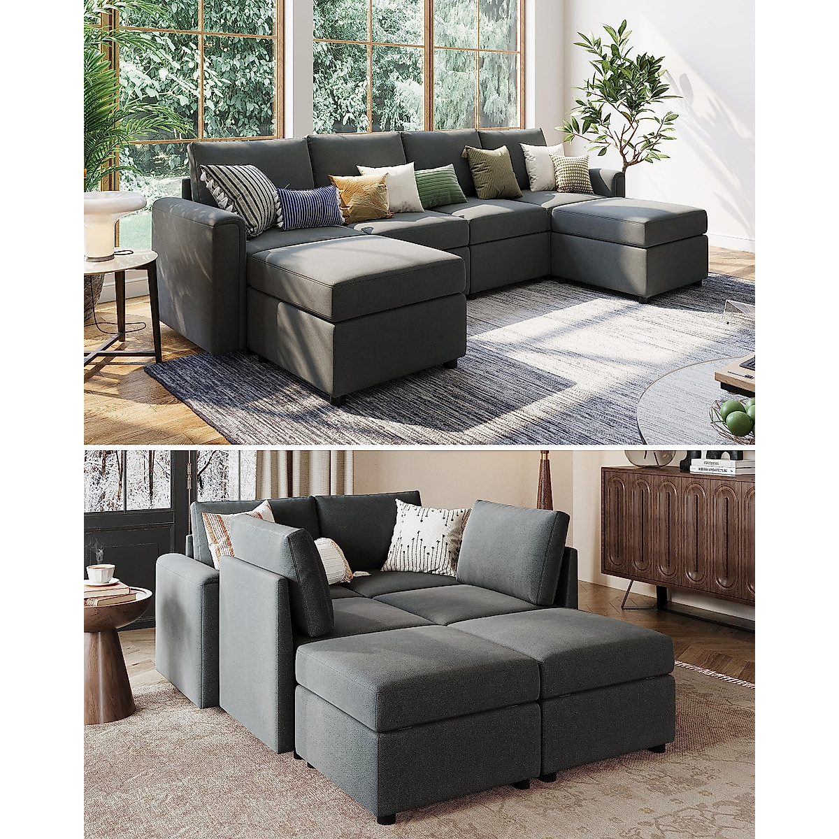 LINSY HOME Modular Sectional Sofa, Convertible U Shaped Sofa Couch with Storage, Memory Foam, Modular Sectionals with Ottomans, 6 Seat Sofa Couch with Chaise for Living Room, Dark Grey