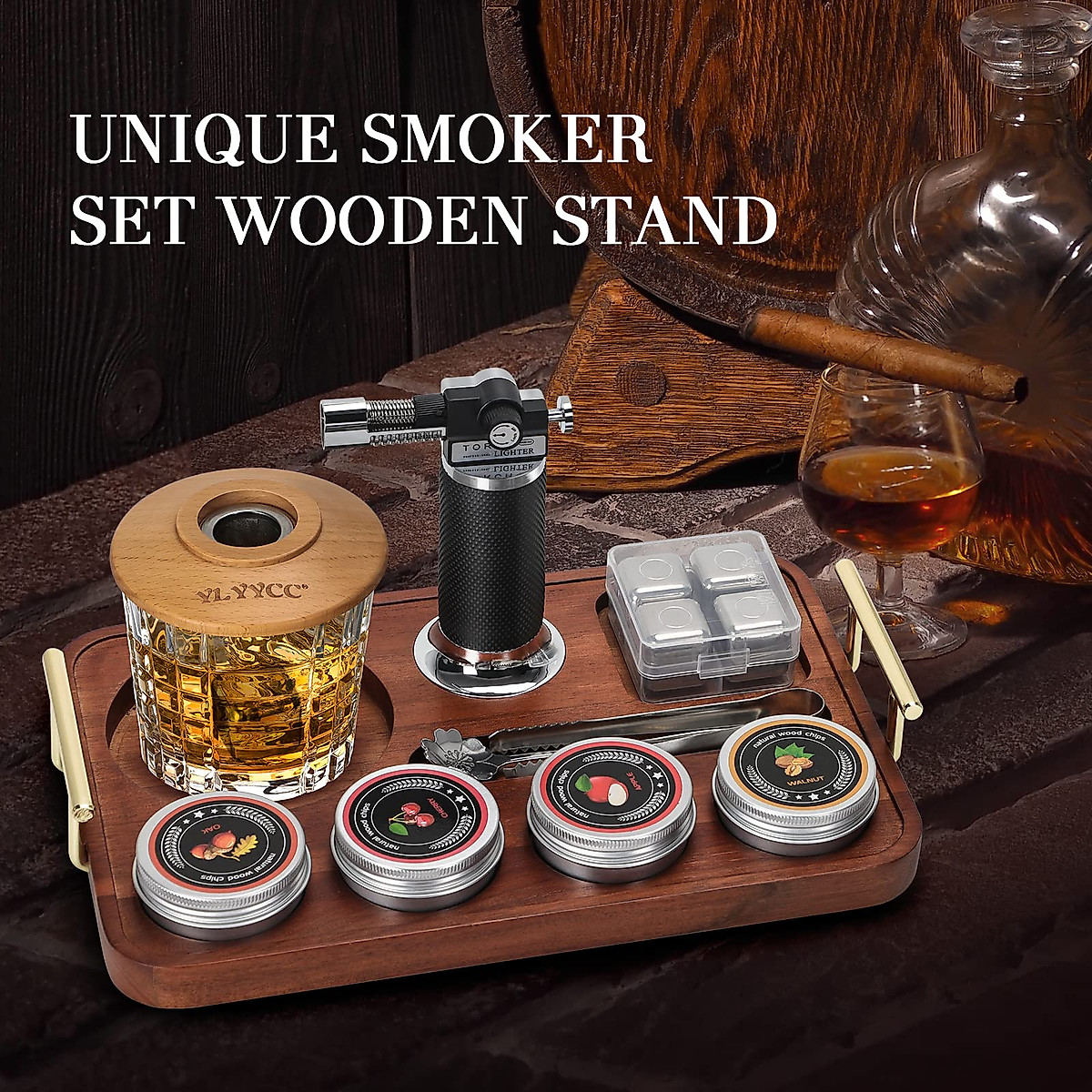 YLYYCC Cocktail Smoker Kit with Torch, Whiskey Smoker Kit with 4 Flavors Wood Chips, 4 Whiskey Stones and Wooden Stand, Old Fashioned Drink Smoker for Bourbon, Whiskey Smoker Gifts for Men, Dad