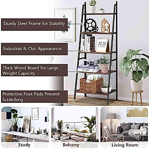 Tangkula Ladder Shelf, 4 Tier Industrial Bookcase, Multifunctional Display Bookshelf, Wooden Look Plant Flower Stand with Metal Frame, Decor Furniture for Home Office