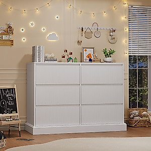 HOSTACK White Dresser for Bedroom, Modern 6 Drawer Dresser, Double Dresser Chest of Drawers with Wavy Pattern | Handleless Drawers, Wood Storage Dresser Cabinet for Living Room, Hallway, Entryway