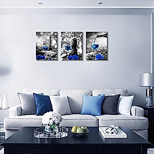 Wine Decor Kitchen Canvas Art Blue Wine Rose Artwork for Home Walls Black and White With Blue Wine Painting Printed Rose Art Dining Room Decor Blue Kitchen Pictures Wall Decor Stretched 12x16inchx3