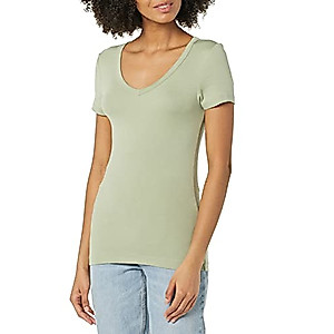 Amazon Essentials Women's Slim-Fit Short-Sleeve V-Neck T-Shirt, Pack of 2, Black/Sage Green, Medium