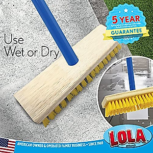 Lola Products Deck Scrub Brush with 48" Long Handle and 9" x 3.5" Scrubber, It's Very Durable Poly Fiber Scrubber Bristles Remove Dirt & Grime on patios, Decks, Asphalt, Tile, Cement- Wet or Dry