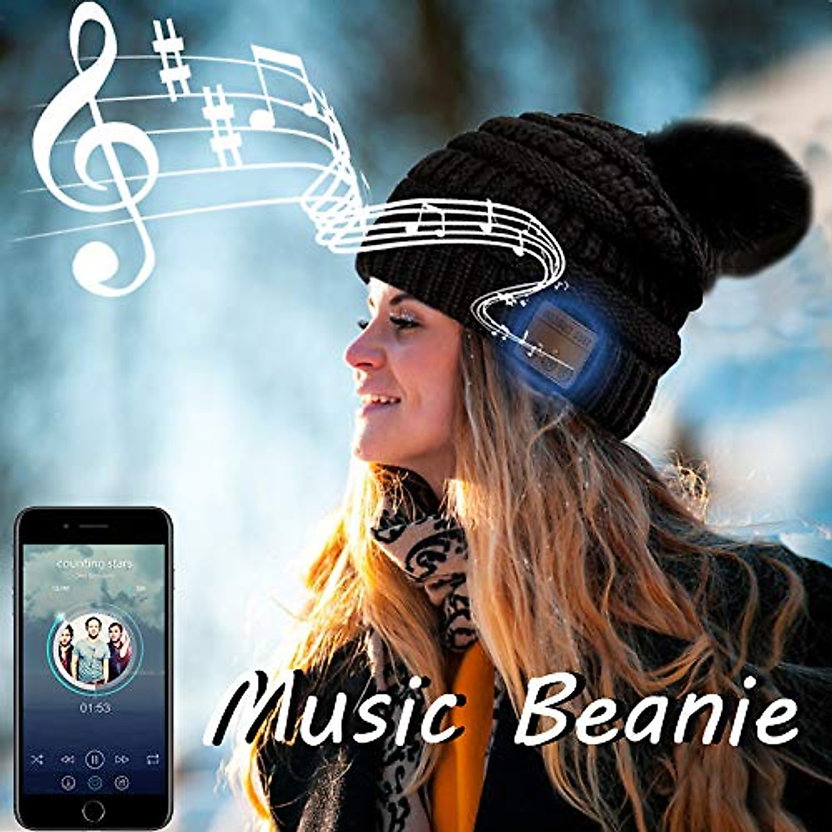 FashionLive Wireless Beanie Music Hat for Women Girls Upgrade Pompom Musical Headphone Stereo Speaker Hat with Mic Speakerphone Knit Pom Beanie Hat Warm Black