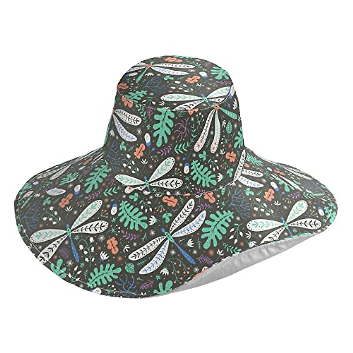 Kigai Acorns and Dragonflies Sun Hat Wide Brim Floppy Beach Hats for Women UV Protection Hat with Chain Strap for Outdoor Summer Camping Hiking