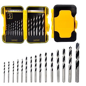 PowerTough 15Pcs Wood Drill Set Brad Point bit Set Drill bit Set Combo Drill Set in Nice Plastic Box
