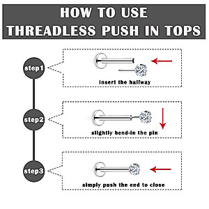 16G Threadless Push in Lip Rings Stainless Surgical Steel Labret Jewelry Monroe Lip Rings Nail Cartilage Tragus Helix Earrings Studs Nose Ring Medusa Piercing Jewelry For Women Men 10MM Length 3MM CZ