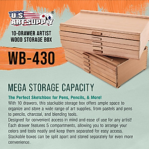 U.S. Art Supply 10 Drawer Wood Artist Supply Storage Box - Pastels, Pencils, Pens, Markers, Brushes