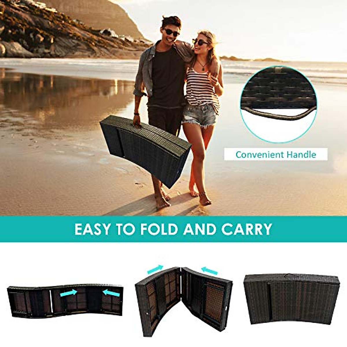 Tangkula Outdoor Folding Chaise Lounge, Rattan Patio Lounge Chair with Removable Thick Cushion, 5 Adjustable Levels, Leisure Reclining Wicker Lounge Chair for Garden, Pool Side, Balcony (2, Turquoise)