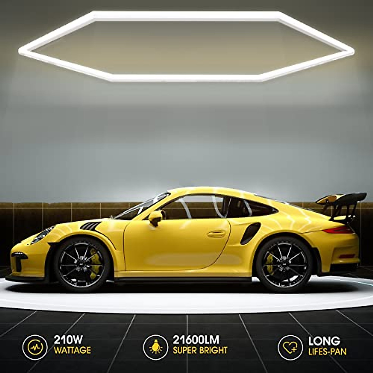 Ultra-Long 70CM 12-Pack Hexagonal LED Garage Light: 210W 21600 Lumens Car Detailing Shop Light, DIY Splicing Ceiling & Wall Decor Lights, for Workshop Basement Gym Warehouse Gaming Room