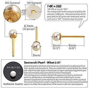 14K Solid Yellow Gold 3mm X-Small Tiny Swarovski Crystal White Pearl Stud Short Post Earrings for Girl Women