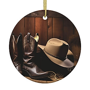 Christmas Ornaments Round Ceramic Ornaments Cowboy Black Hat Western Boots Printed Christmas Tree Ceramics Hanging Ornament for Xmas Holiday Party Decorations