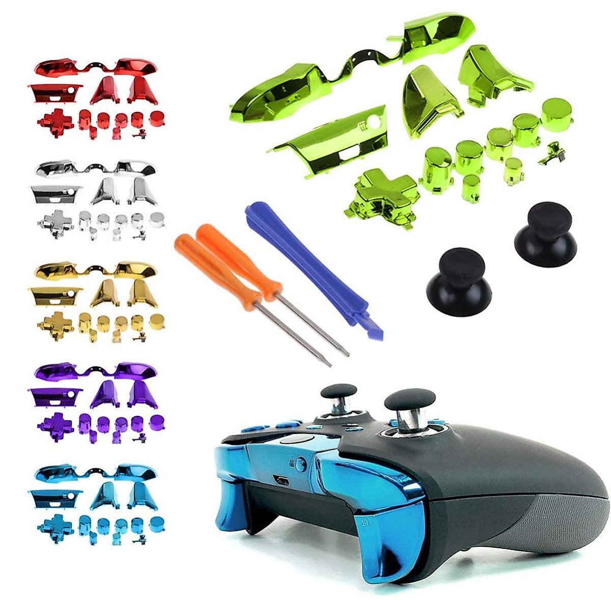 Full Set Chrome Dpad Triggers Buttons RT LT RB LB Button ABXY Buttons with Thumbstick for Xbox One Elite Xbox One E Controller Replacement with T6 T8 Screwdriver (Purple)