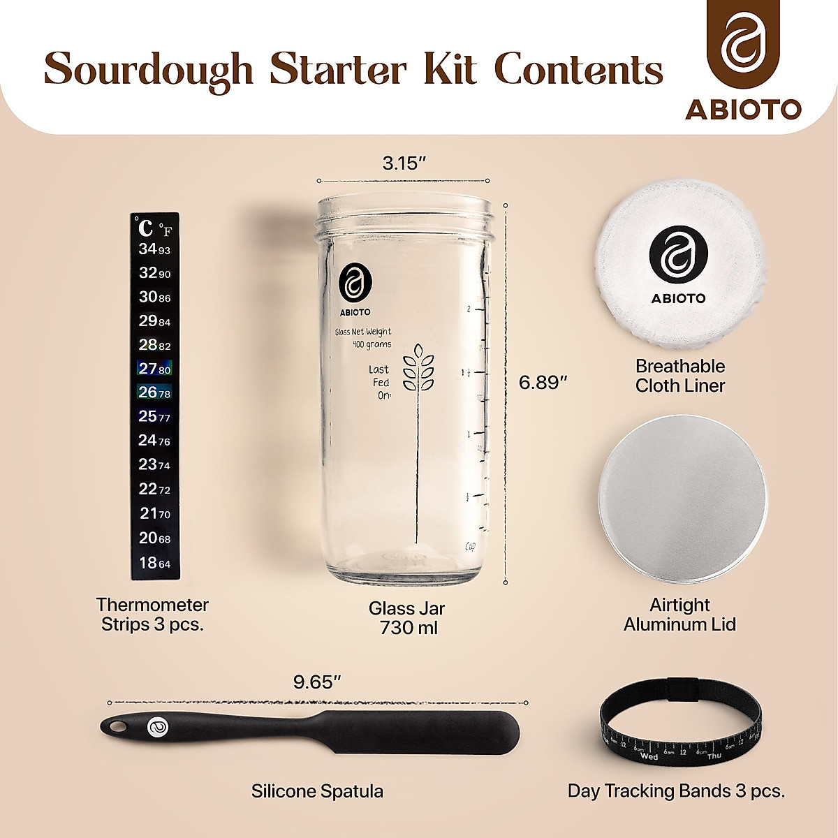 Sourdough Starter Kit, Includes 24 oz Sourdough Starter Jar with Metallic Lid, Silicone Spatula, Feeding Tracker, Extra Thermometer Strips & Breathable Covers – A Perfect Sourdough Bread Starter Kit