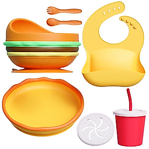 VOD VISUAL Baby Led Weaning Supplies, Silicone Feeding Set - Bowls and Plates with Suction, Toddler Spoons Fork, Cups Replaceable Lids Orange/Yellow standard