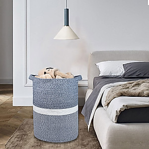 BOSROTY Large Blanket Basket, Tall Laundry Basket 72L, Nursery Hamper, Laundry Hamper, Clothes Basket Laundry, Large Storage Basket, Cotton Rope Basket, Toy Basket, 16”x 22”,Blend Navy Blue & White