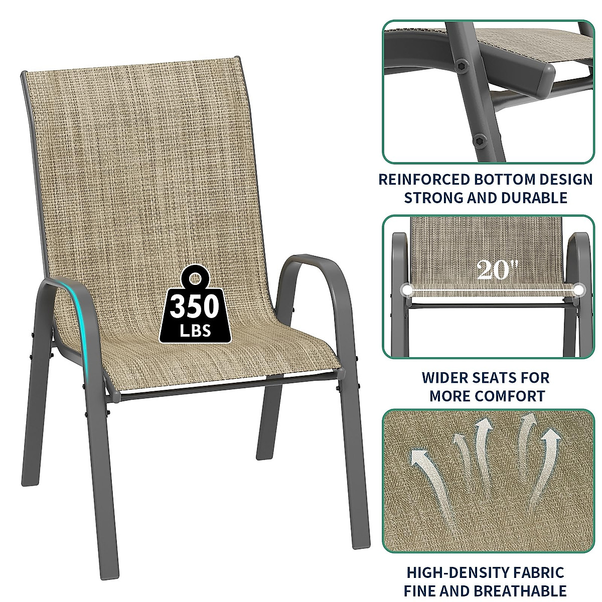 UDPATIO Patio Dining Chairs Set of 4, Outdoor Furniture Chairs, Breathable Seat Fabric and Alloy Steel Frame for Backyard, Porch, Garden, Poolside (Brown)