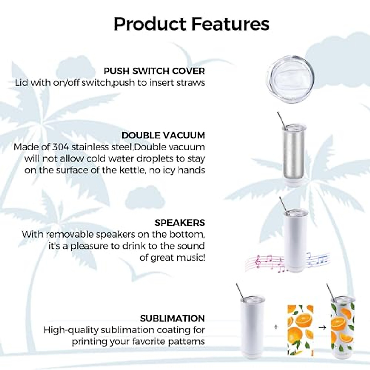 Lilsofee 12 Pack 20 OZ Sublimation Blank Tumblers Bulk Stainless Steels Double Vacuum Bluetooth Speaker Music Insulated Tumbler with Lid and Straw Heat Transfer Cup Multicolor