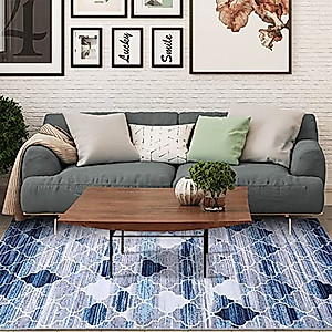 COZYLOOM Modern Area Rug, Vintage Moroccan Trellis Blue Area Rug for Living Room Bedroom, Non-Shed Washable Kitchen Throw Rugs Dining Room Home Floor Area Rug 5 * 8 FT