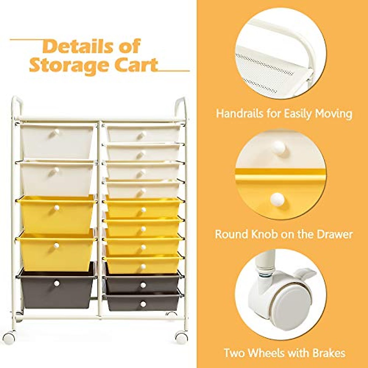 KOTEK 15-Drawer Rolling Storage Cart, Multipurpose Mobile Utility Cart with 4 Wheels, Home Office School Tools Scrapbook Paper Organizer (Yellow)
