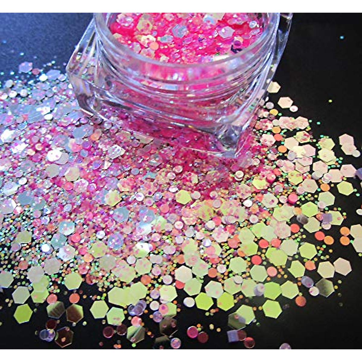LuckForever 12 Colors Chunky Body Glitters Iridescent White Pink Purple Hexagon Nail Glitters Sequins Flakes Powder for Acrylic Nails Crafts Paints Resin Cosmetics