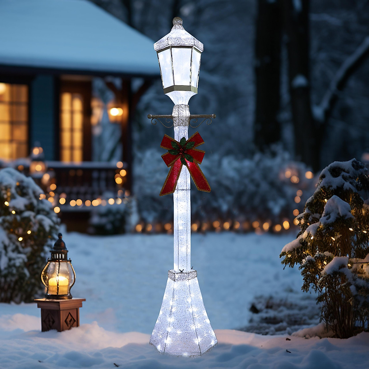 MUPATER 6 ft Tall Pre-Lit Energy-Efficient LED White LAMP-Post, Christmas Holiday Outdoor Lighted Decoration for Yard, Porch, Entry - Ground Stakes Included