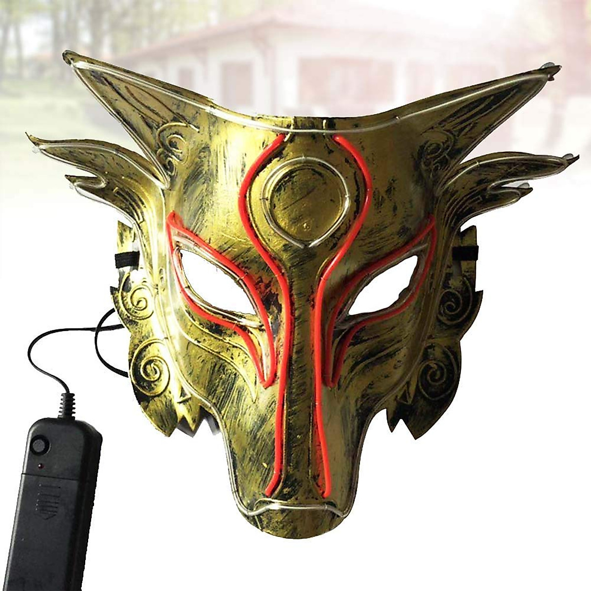 Amosfun Halloween Wolf LED Mask Wolf Head Light Up Mask Animal Costume Mask Halloween Cosplay Face Cover (Without Battery) Gold