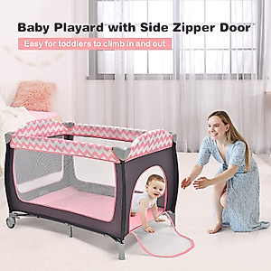 BABY JOY 4 in 1 Pack and Play, Portable Baby Playard with Bassinet, Side Zipper Door, Changing Table, Indoor Outdoor Travel Nursery Center w/Toy Bar, Lockable Wheels, Carry Bag