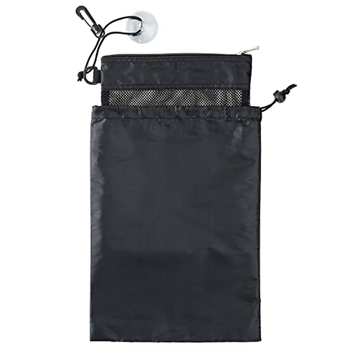YUMA Active Shower Bag Tote, Mesh Caddy Toiletry Organizer 12”L x 9”W, Compact and Lightweight With Suction Cup, Cord for Hanging, Zipper and Drawstring Pouch 14”L x 10”W, Black