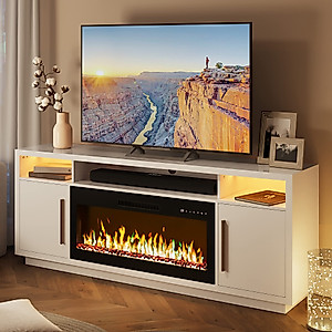 BELLEZE 70" Fireplace TV Stand for TVs Up to 80", LED Light Entertainment Center with 36" Electric Fireplace Heater, Storage Cabinet, Media Console Table for Living Room - Avenue (White)
