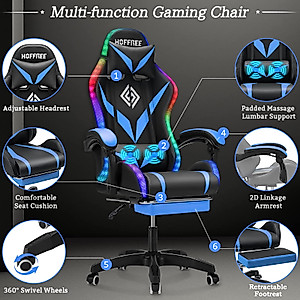 Gaming Chair with Massage and LED Lights Ergonomic Video Game Chairs with Footrest High Back Reclining Computer Chair with Adjustable Lumbar Support Blue and Black
