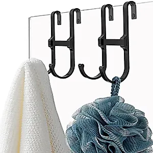 FWYH Glass Shower Door Hooks (2 Pack), Towel Hooks for Bathroom Frameless Glass Shower Door, Over Door Hooks Bathroom Drilling-Free Hanger for Hanging Towel, Robe, Loofah, Squeegee, Matte Black