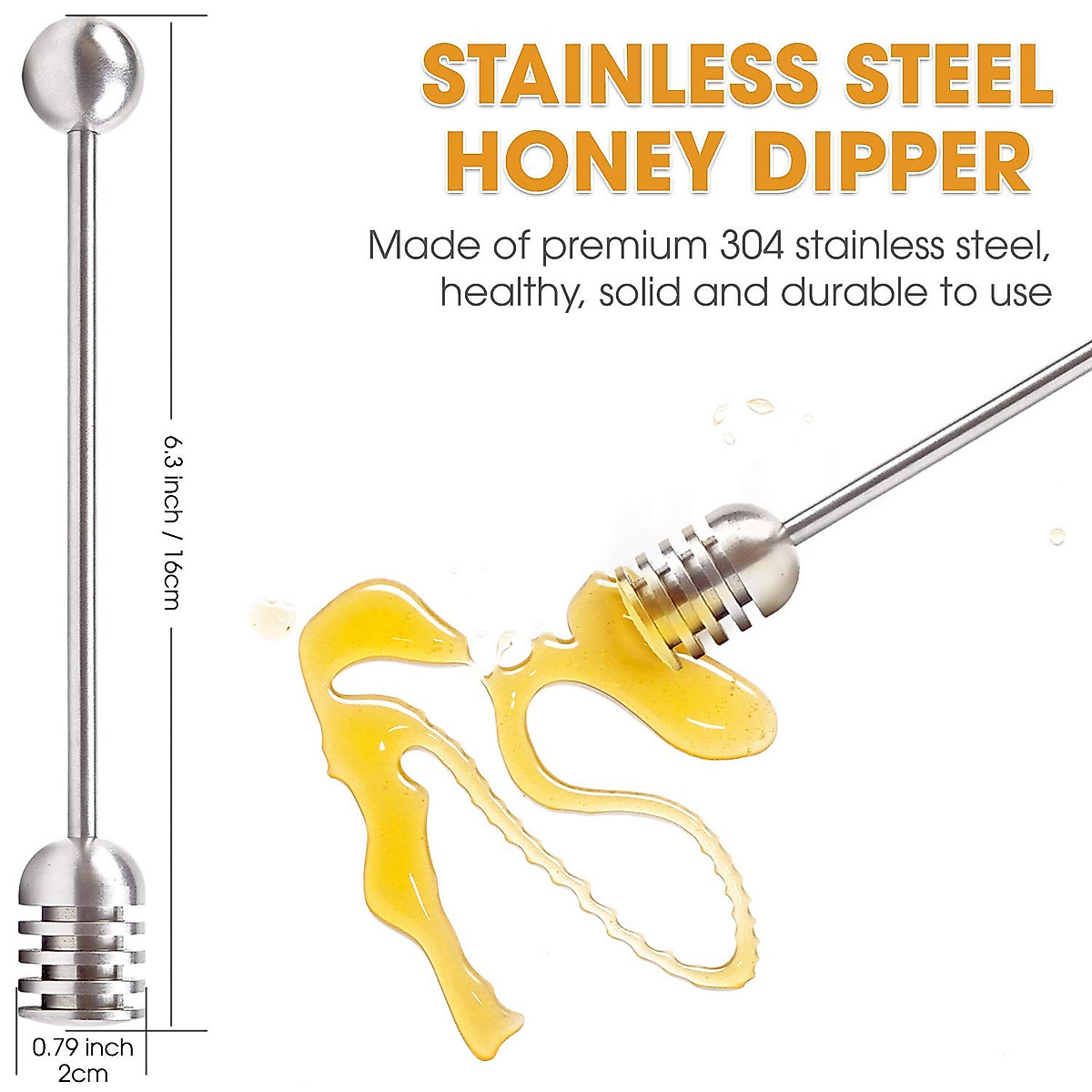 DUGATO Honey and Syrup Dippers, 2pcs 6.3 Inch 304 Stainless Steel Honeycomb Stick Spoon Stirrer Server for Honey Pot Jar Containers (Silver)