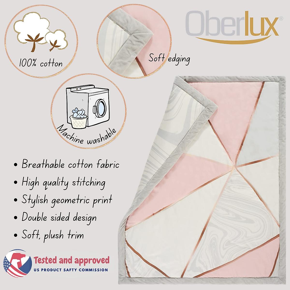OBERLUX Crib Bedding Set for Girls- 4-Piece Baby Nursery Bedding Crib Set; Geometric, Rose Gold, Powder Pink & Marble | Precious Collection