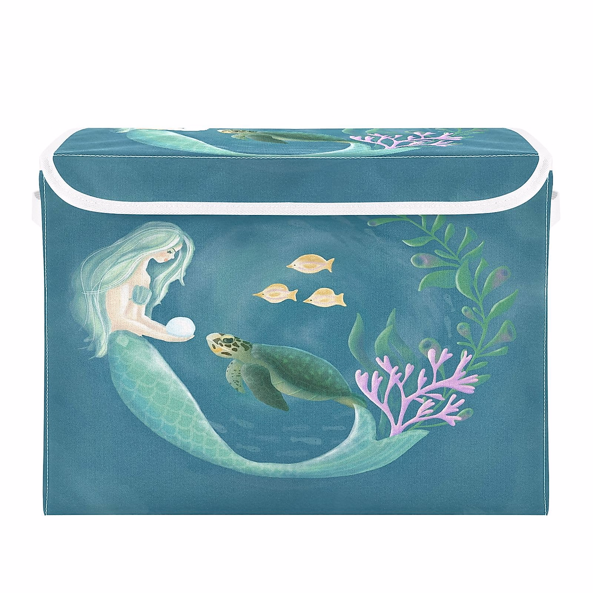 DIGTIA Summer Mermaid Turtle Storage Bins with Lids Large Pearl Sea Ocean Green Storage Basket with Handles Foldable Fabric Storage Box Organizer for Clothes Toys Closet Cabinet Home Office Bedroom