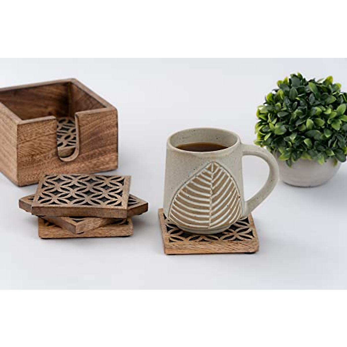 FIGTREE - Set of 6 Wooden Coasters for Drinks Absorbent with Holder, Coasters for Coffee Table Protection, Coffee Table Decor, Perfect House Warming Gift, Lattice