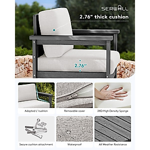 SERWALL 4 Pieces Outdoor Conversation Sofa Set with Cushions, HDPE Outdoor Couch Loveseat Furniture with Side Table All Weather Use for Patio, Balcony, Deck, Poolside, Grey Frame with Khaki Cushions