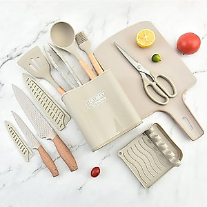Kitchen Utensils Set-Cooking Utensils Set, 13-in-1 Kitchen Set with 8 Pieces Cooking Utensils+5 Pieces Knife Set with Block, Kitchen Utensils Non Stick and Heat Resistant Large Silicone Spatula, Khaki
