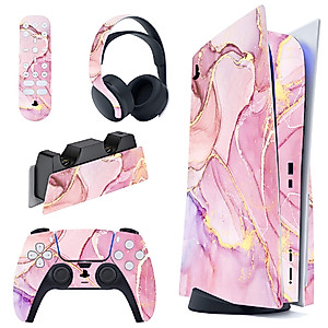 PlayVital Cosmic Pink Gold Marble Effect Full Set Skin Decal for ps5 Console Disc Edition, Sticker Cover for ps5 Controller & Charging Station & Headset & Media Remote