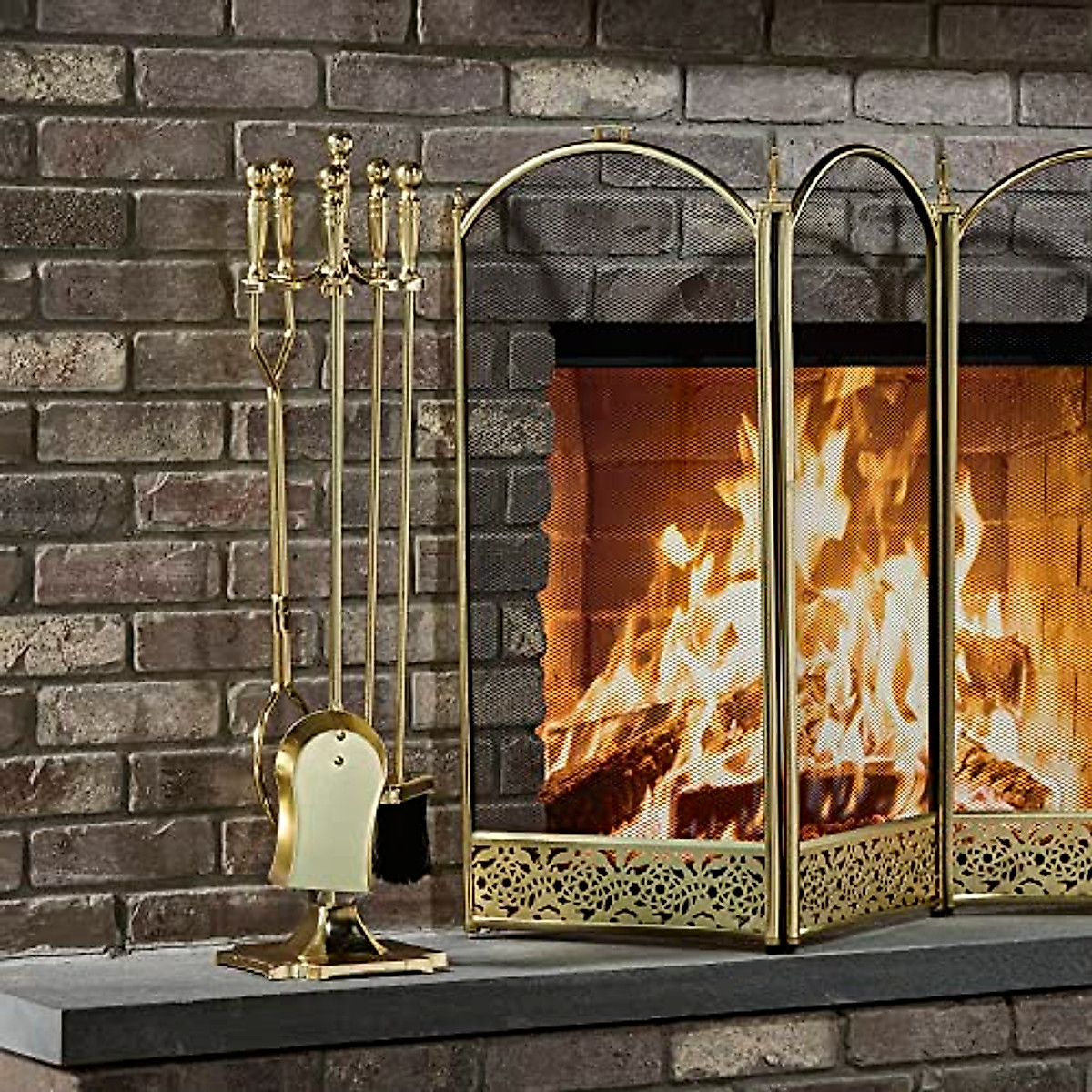 UniFlame Polished Brass Finish 5-Piece Fireplace Tools Set with Heavy Weight Steel Construction