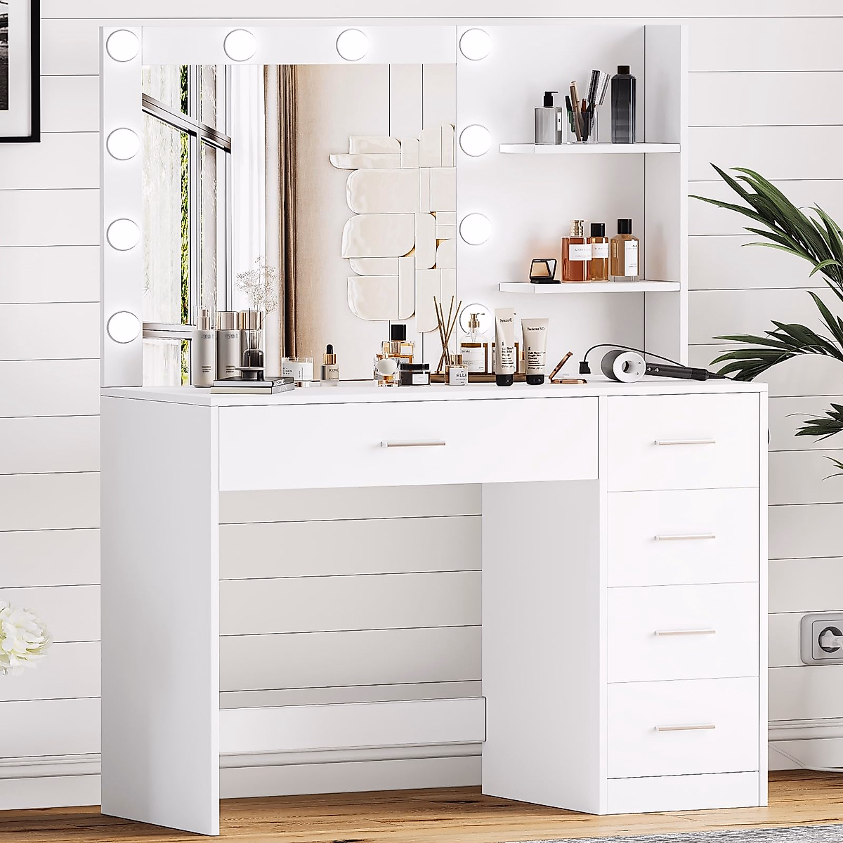 Keehusux Vanity Table with Mirror and Lights, 3 Lighting Colors, Bedroom Makeup Vanity with Charging Station, Makeup Desk with 5 Drawers and Open Storage Shelves, White KES001WSZT