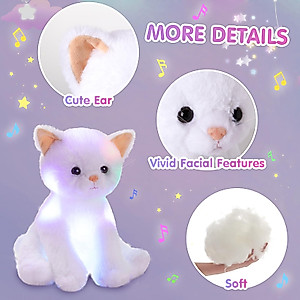Houwsbaby 12'' White Musical Light Up Cat Stuffed Animal Kitty Plush Toy Singing LED Glowing Cat Plush Toy Christmas Festival Birthday Presents for Kids Girls Boys