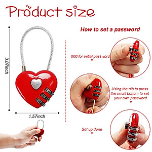 Red Heart Padlock, Mini Code Lock, Wire Rope 3-Digit Code Combination Padlock for Travel Bags/Suitcase/Lockers/Backpacks/Jewelry Boxes, 3 Packs