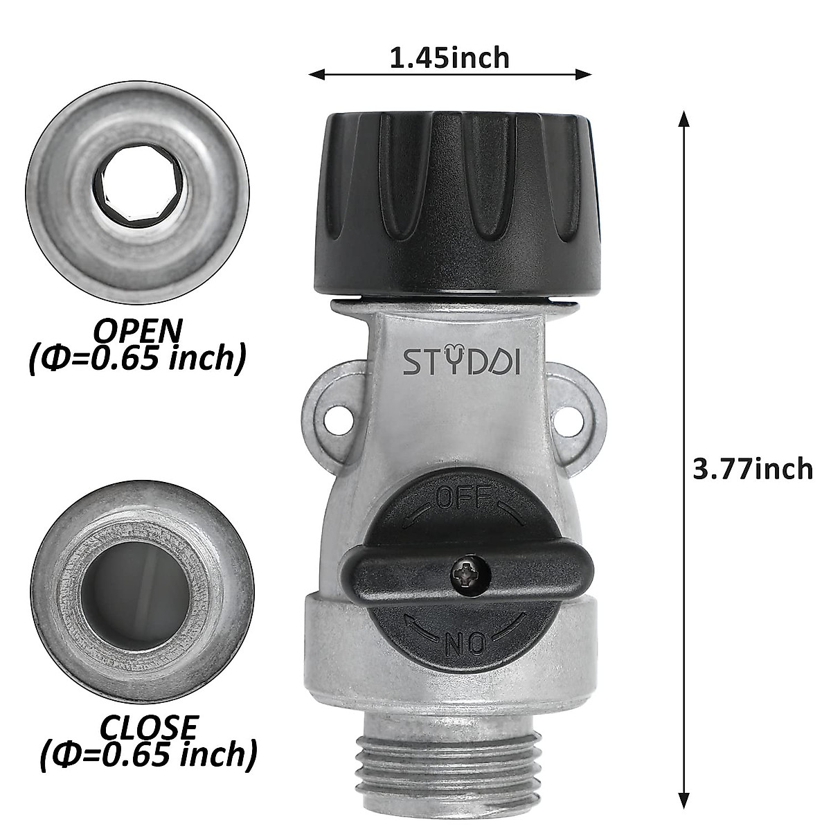 STYDDI Full Flow Garden Hose Shut Off Valve, Metal High Flow Water Hose Shut Off Connector with Cap Type Valve, Single Full-Flow Hose Shutoff Valve, 3/4" GHT, 2 PCS Silver and Black