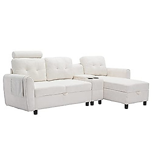 FANYE L-Shaped Corner Sectional Reversible Storage Chaise, Modern Convertible Sofa & Couch W/Headrest and Cupholders for Home Apartment Office Living Room, White Polyester