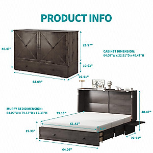 BALUS Murphy Bed, USB Charging Station, Furniture Murphy Cube Cabinet Bed, Queen Size Memory Foam Mattress in a Foldable Cabinet, Storage Drawer-Grey