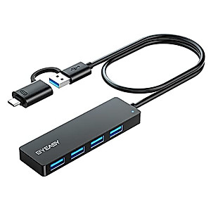 BYEASY USB Hub, USB 3.1 C to USB 3.0 Hub with 4 Ports and 2ft Extended Cable, Ultra Slim Portable USB Splitter for MacBook, Mac Pro/Mini, iMac, Ps4, PS5, Surface Pro,Flash Drive, Samsung(Black)